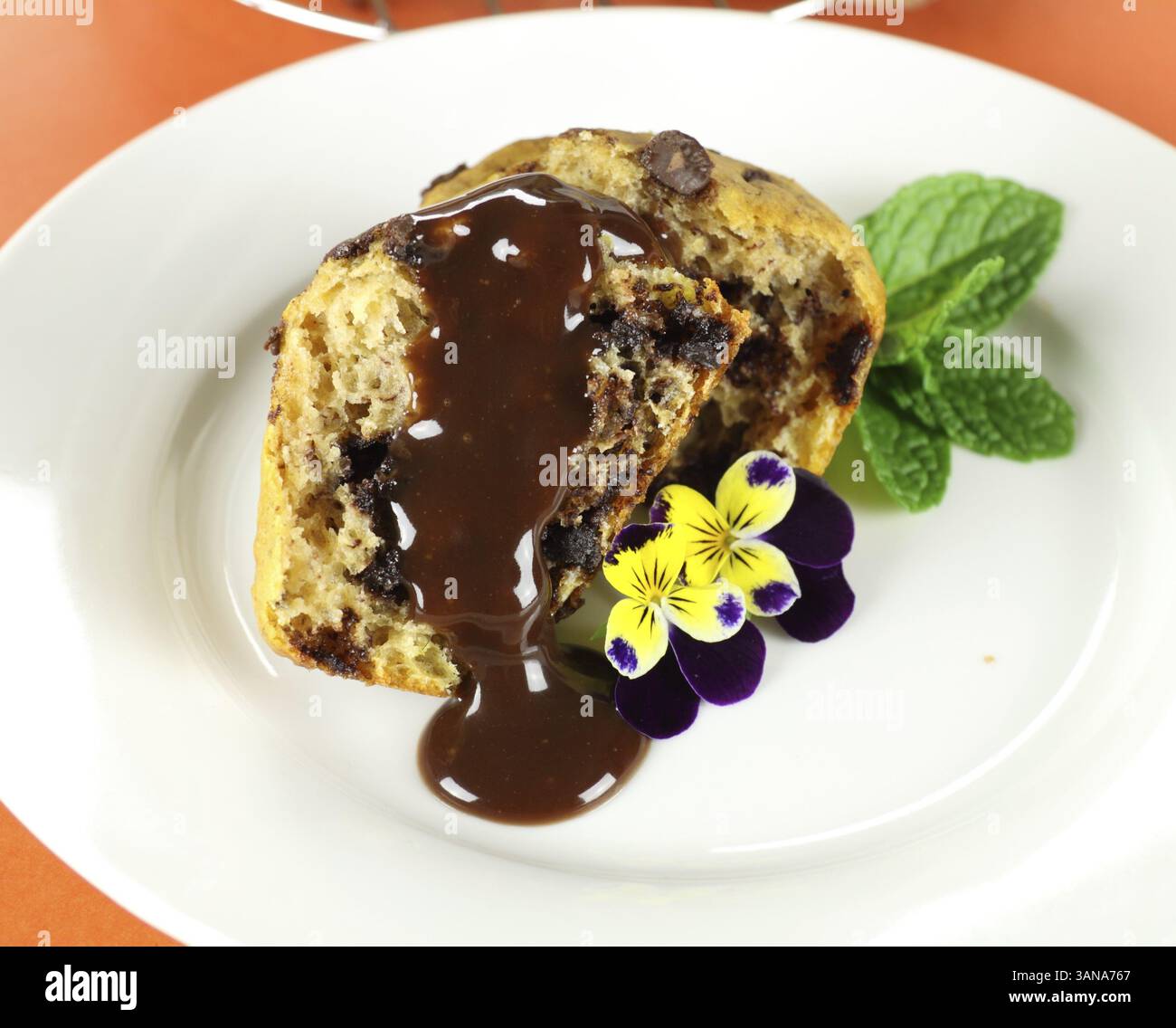 Yummy choc chip muffin dripping with chocolate sauce Stock Photo - Alamy