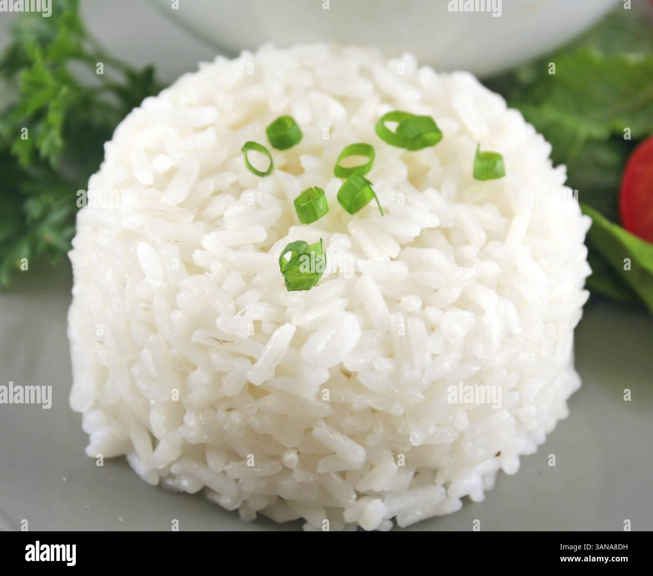 Steamed rice stack with a fresh garden salad Stock Photo - Alamy