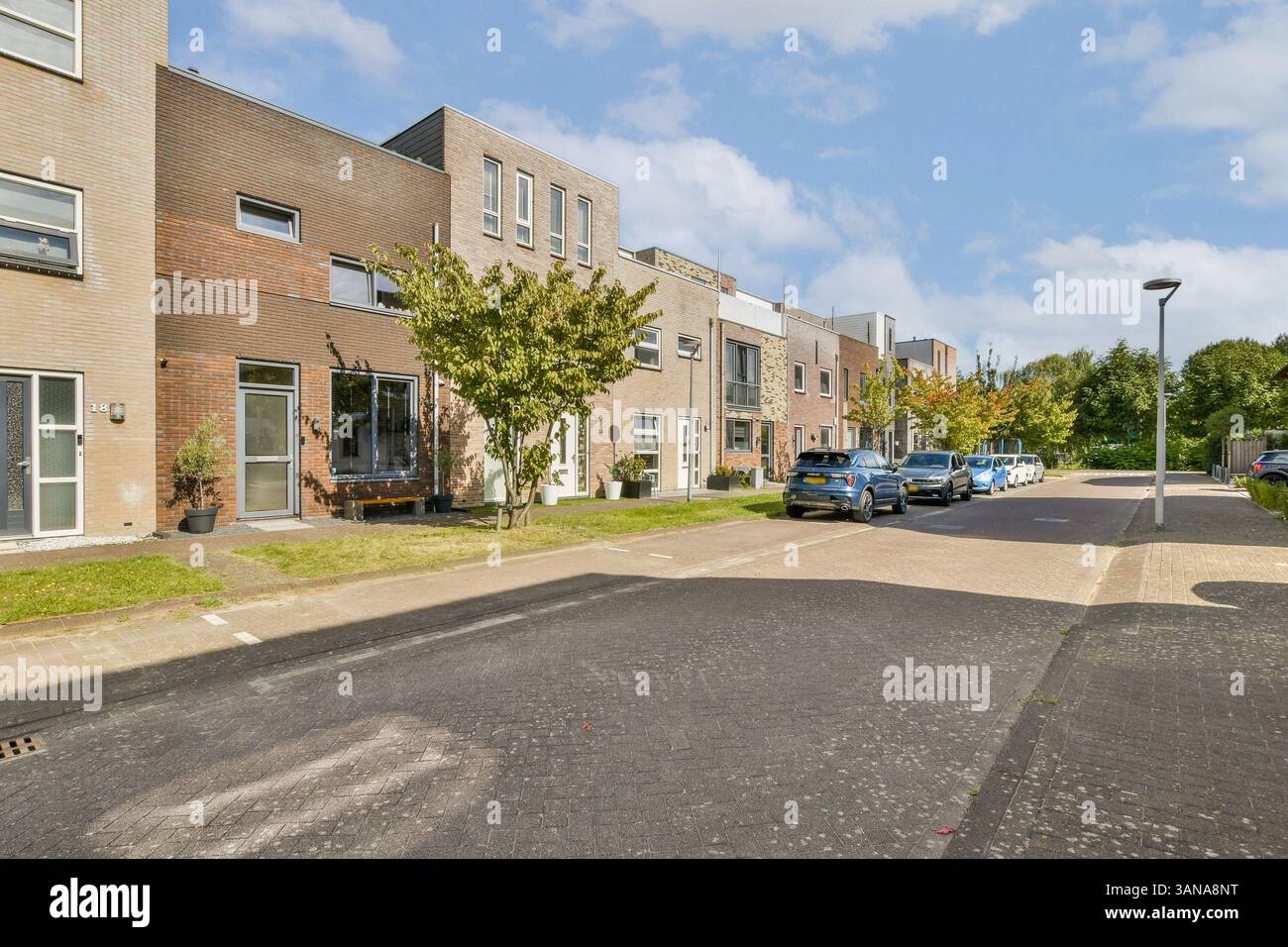 A serene scene depicting a modern residential street lined with ...