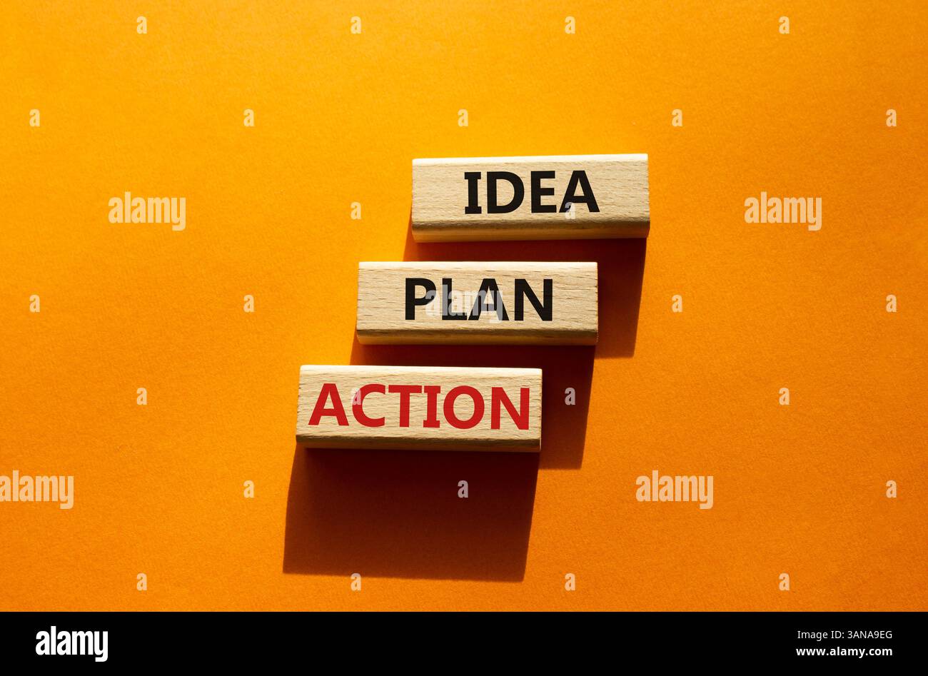 Idea Plan Action symbol. Wooden blocks with words Idea Plan Action. Beautiful orange background ...