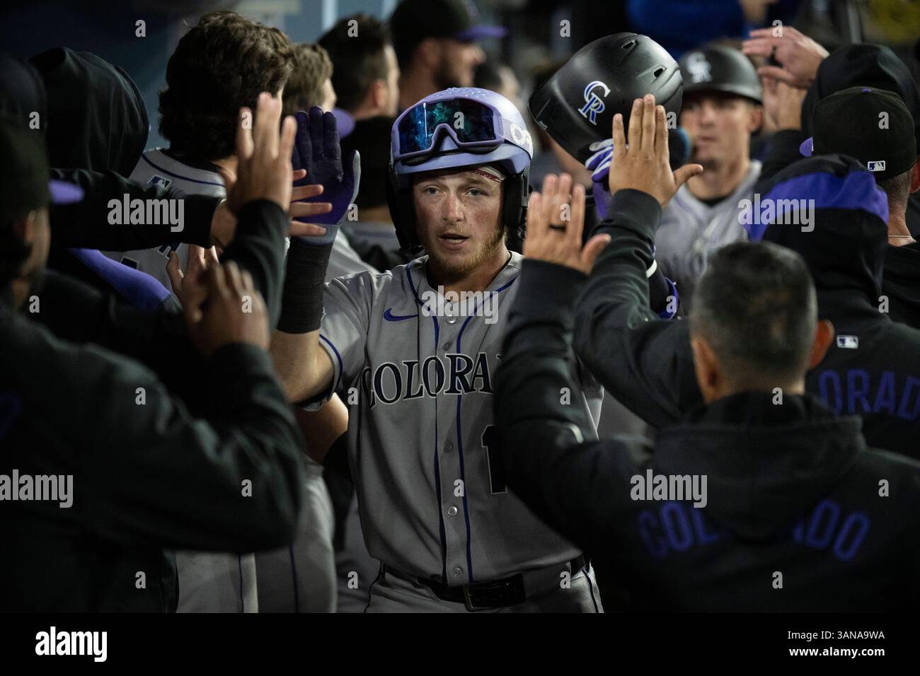 Colorado Rockies' Hunter Goodman celebrates his two-run home run in the ...