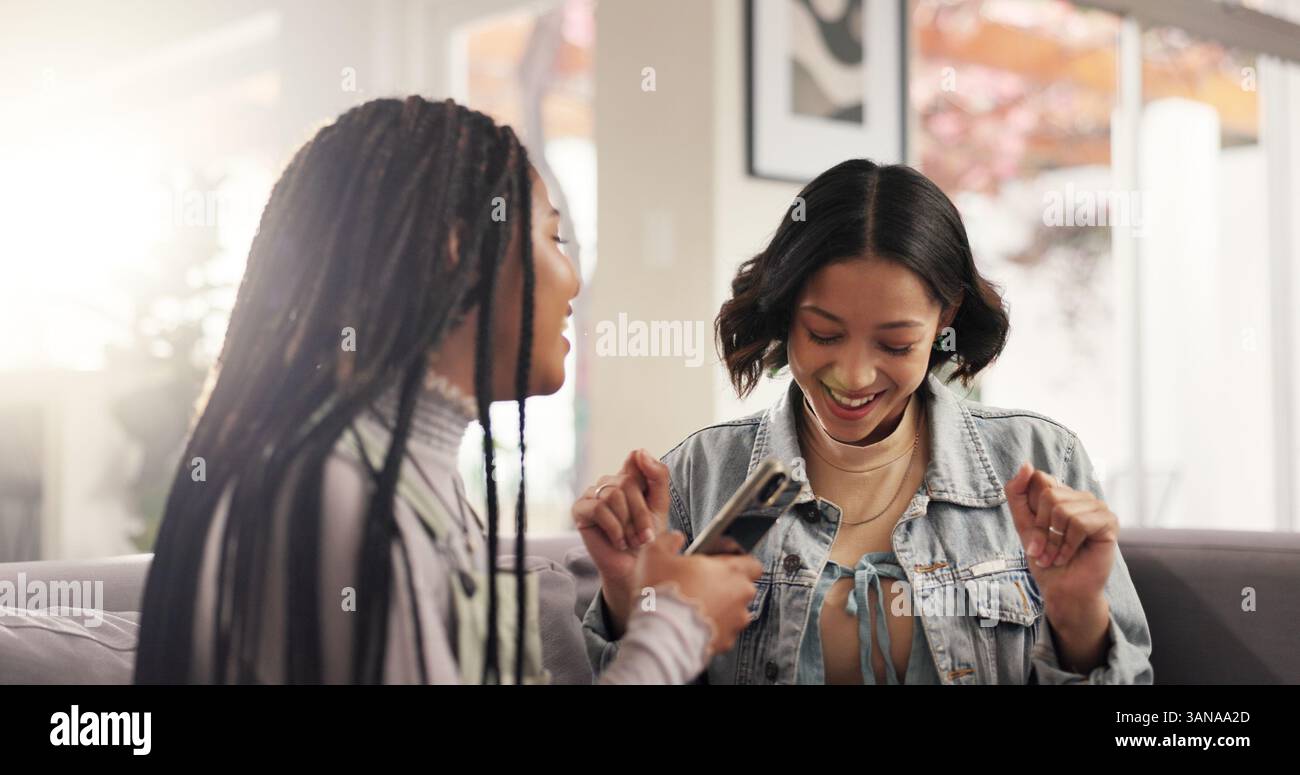 Home, friends and girls with smartphone, bonding and laughing at gossip ...