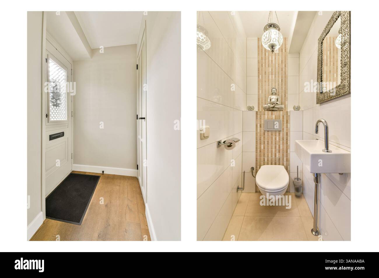Stylish interior spaces featuring a well-lit entryway and a ...