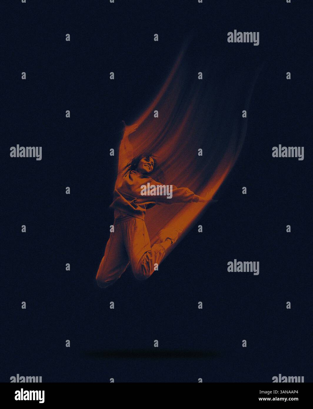 Gen Z woman dancer jumping, distorted image, orange and blue colors ...