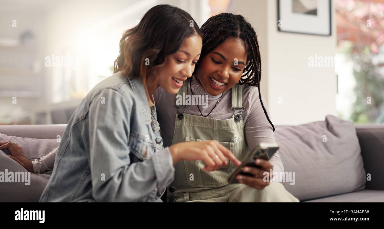 Online, friends and girls with smartphone, lounge and laughing at ...
