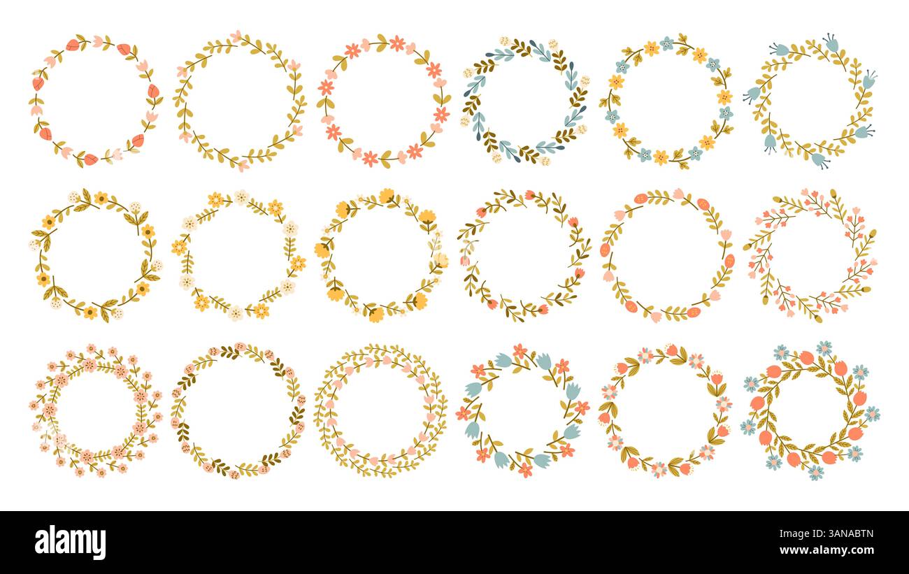 Spring flower circle frame big set. Floral circle frame. Hand drawn ...