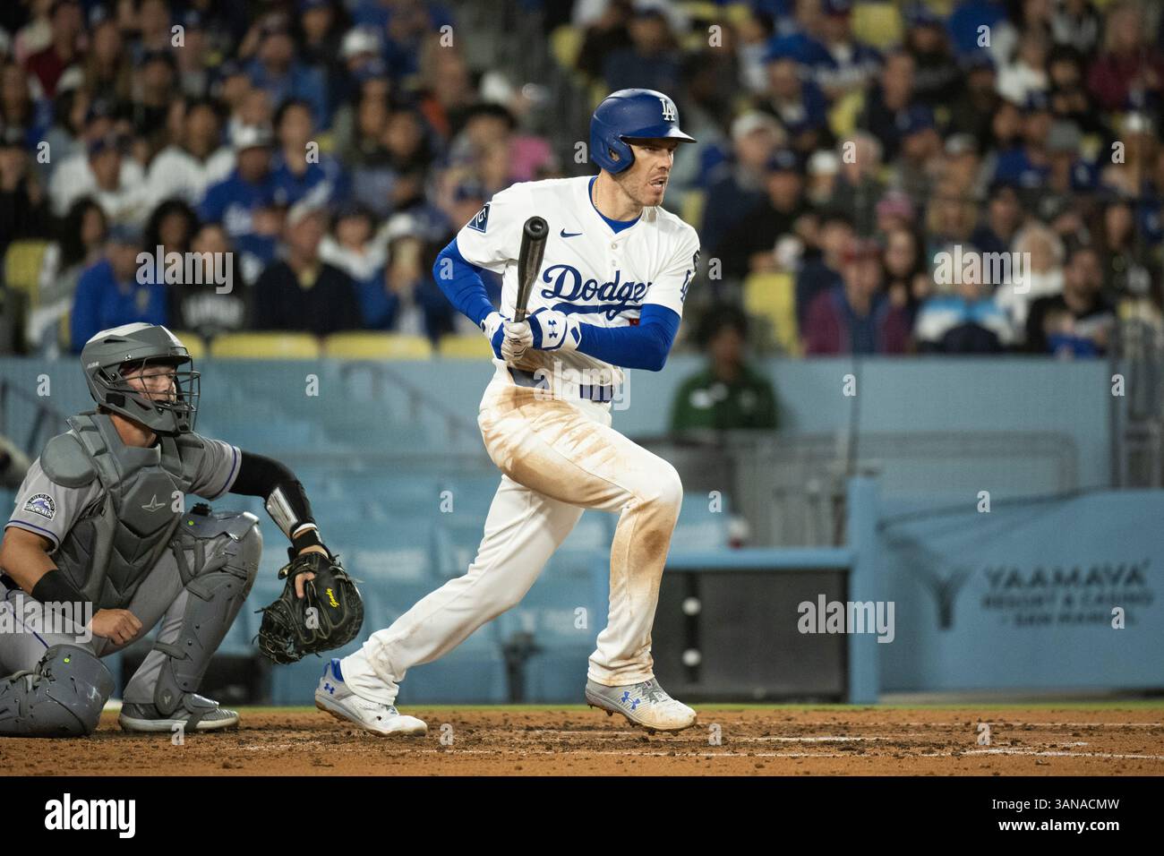 Los Angeles Dodgers' Freddie Freeman bats during a baseball game ...