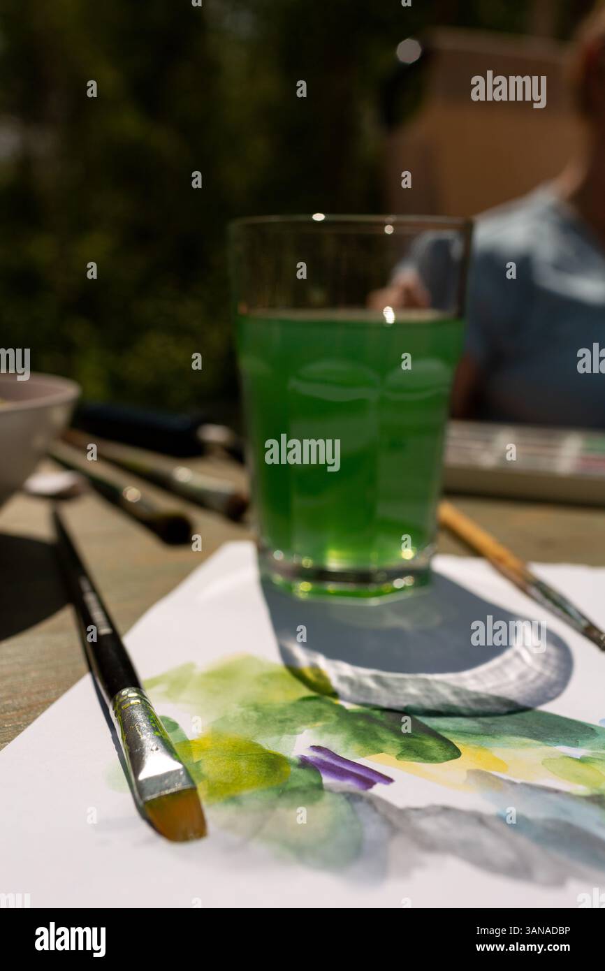 A mixture of paints and brushes for drawing, a watercolor palette Stock ...