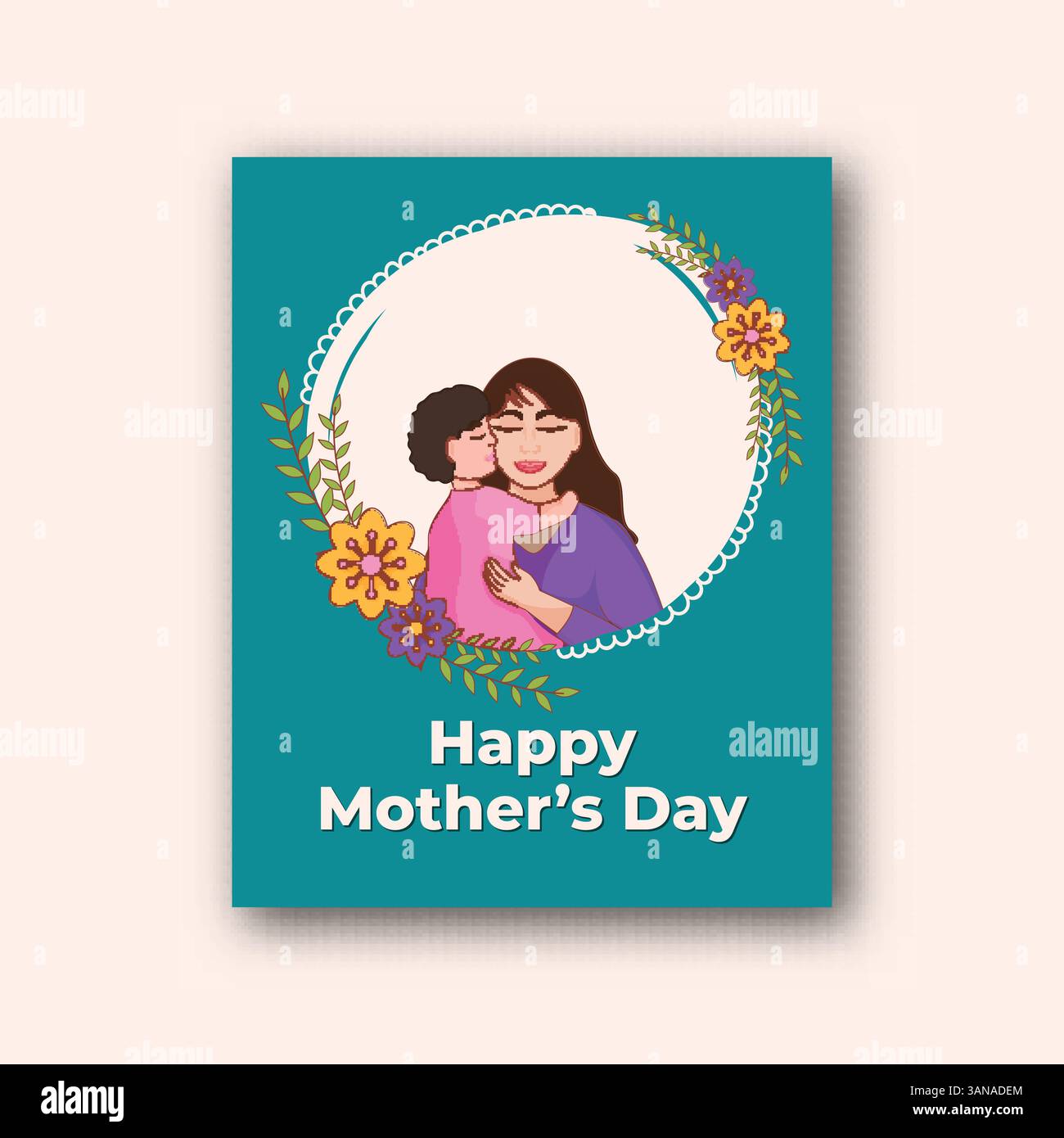 Happy Mother's Day Card with Cartoon Mother and Child Embracing Together Illustration Stock ...