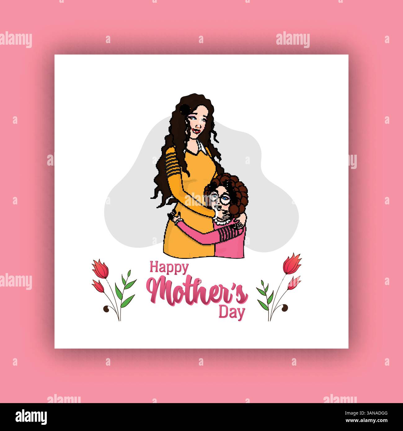 Happy Mother's Day Greeting Card with Cartoon Mother and Daughter Hugs ...
