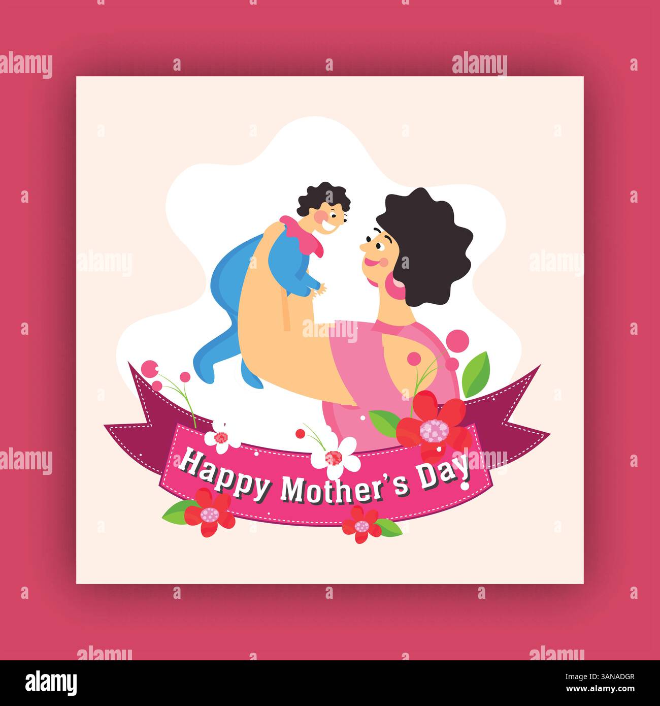 Happy Mother's Day Greeting Card with Cartoon Mother and Child ...