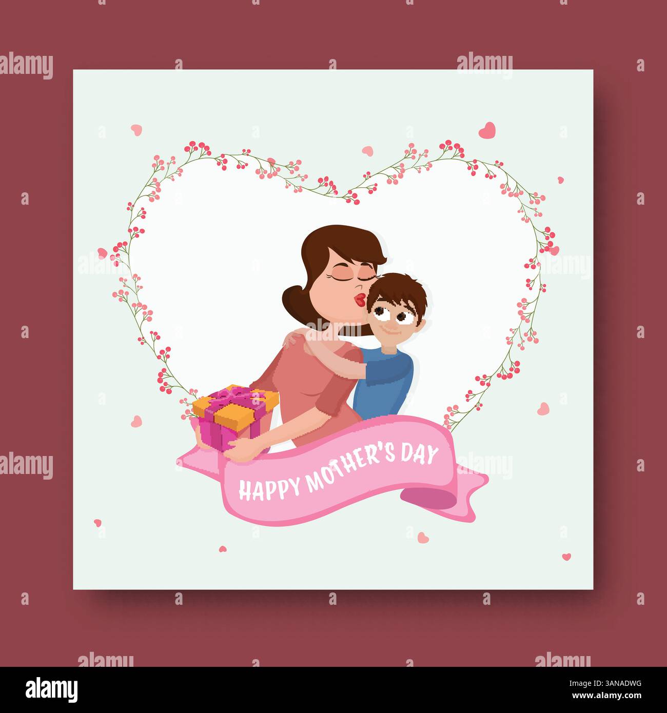 Happy Mother's Day Card with Cartoon Mother Love His Son Kiss and ...