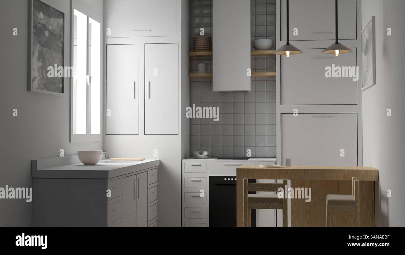 3d design of a modern kitchen with a small space with white walls ...