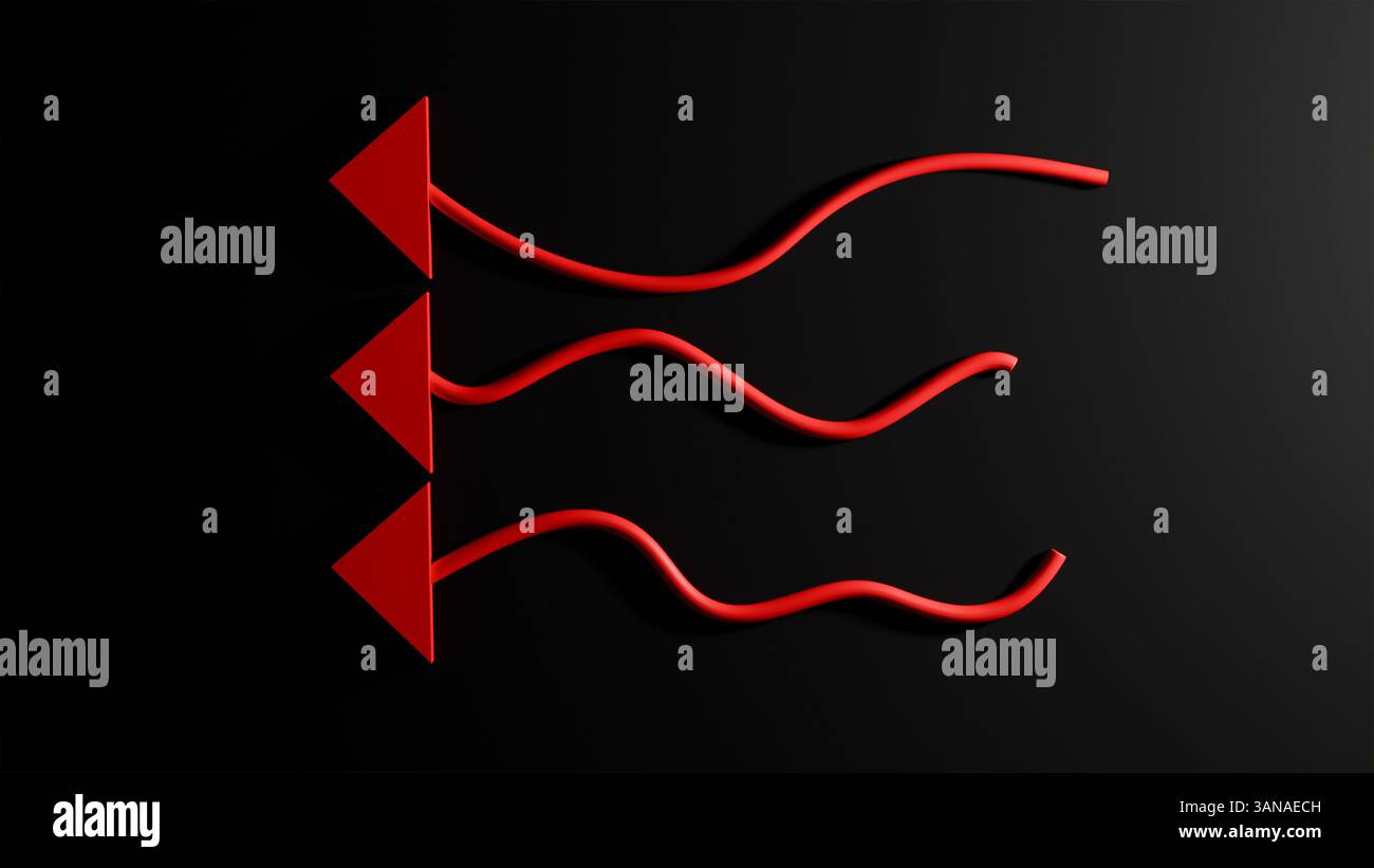 Three 3d red wavy arrows on black background, forward directional arrow ...