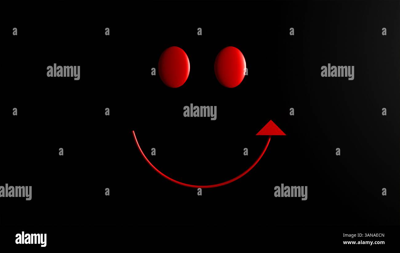 Red curved arrow and eyes in the form of emotions of joy and happiness ...
