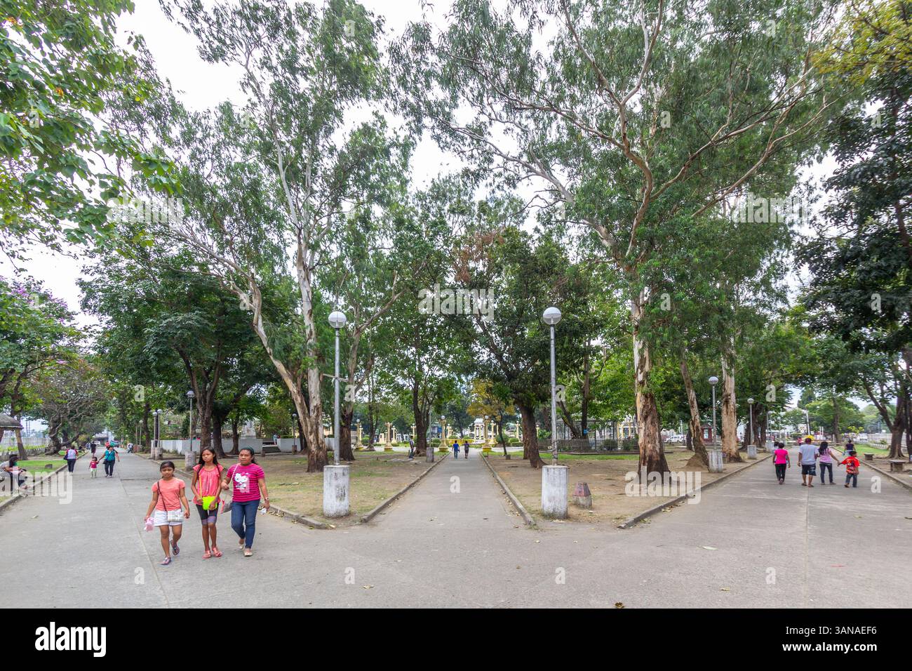 Locals walking around Jaro Plaza filled with trees and historic ...