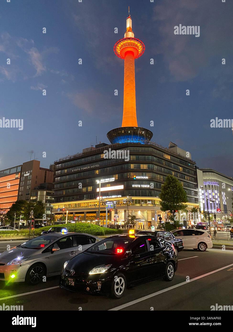 Landscape with scenic nocturne view of Nidec Kyoto Tower an observation ...