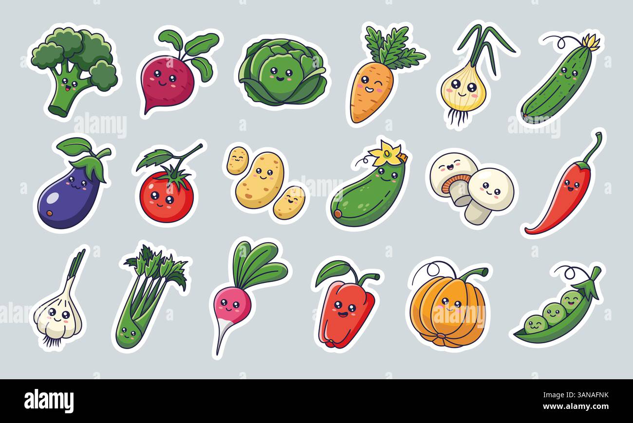 Cute kawaii vegetables stickers set in cartoon style. Vegetables ...
