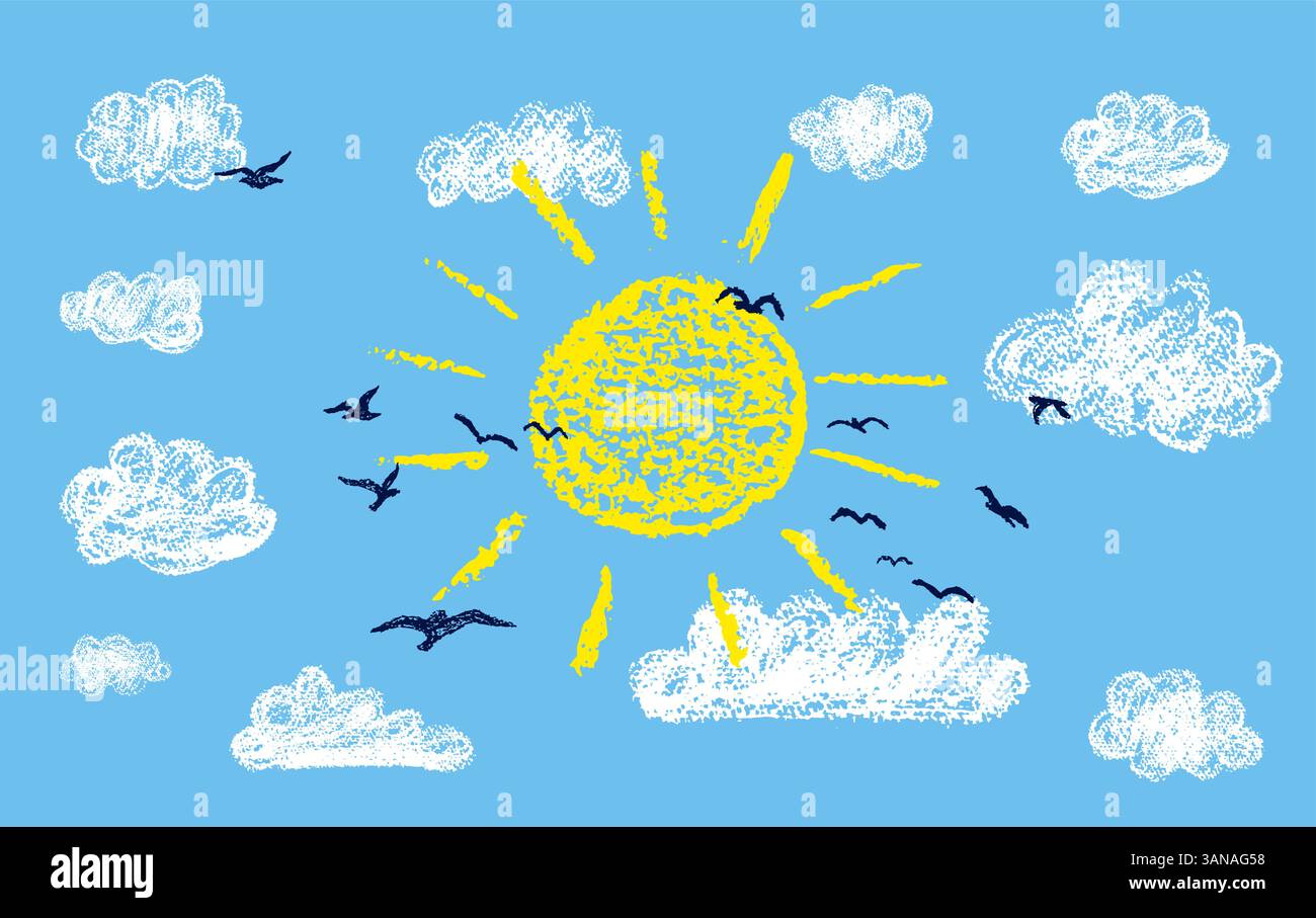 Bright sun with rays. Sunny blue sky and silhouette of a flock of birds ...