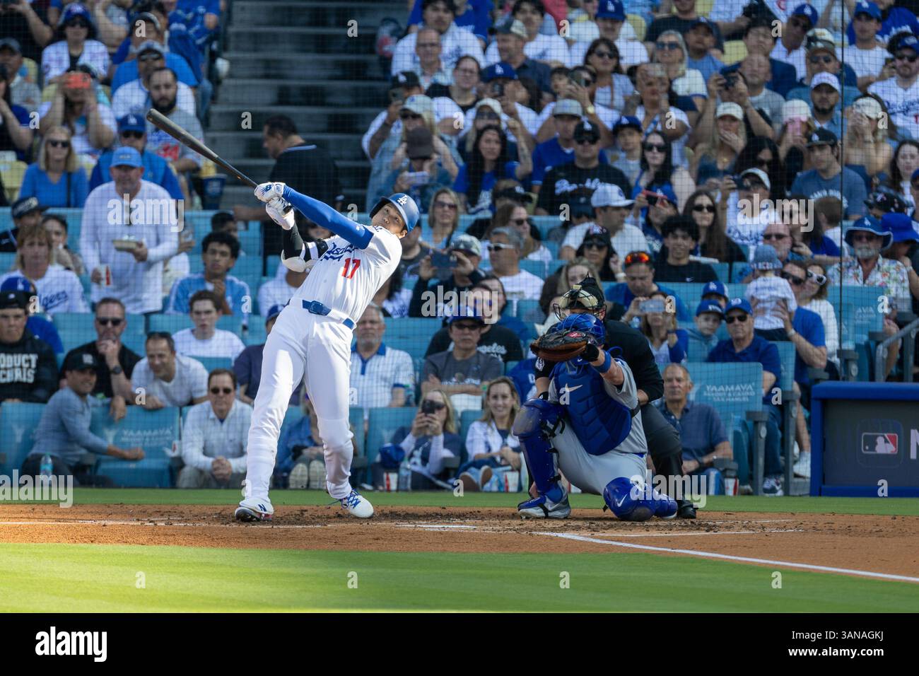 April 13, 2025: Designated hitter, Shoehei Ohtani (17) flies out to ...