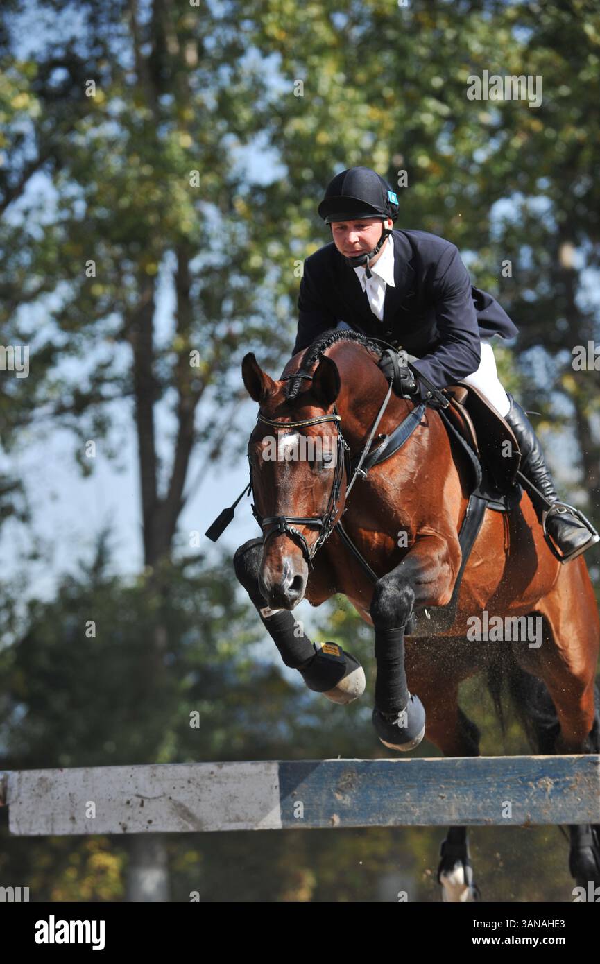 Jumping competition. Athletes and their horses train on a platform with ...