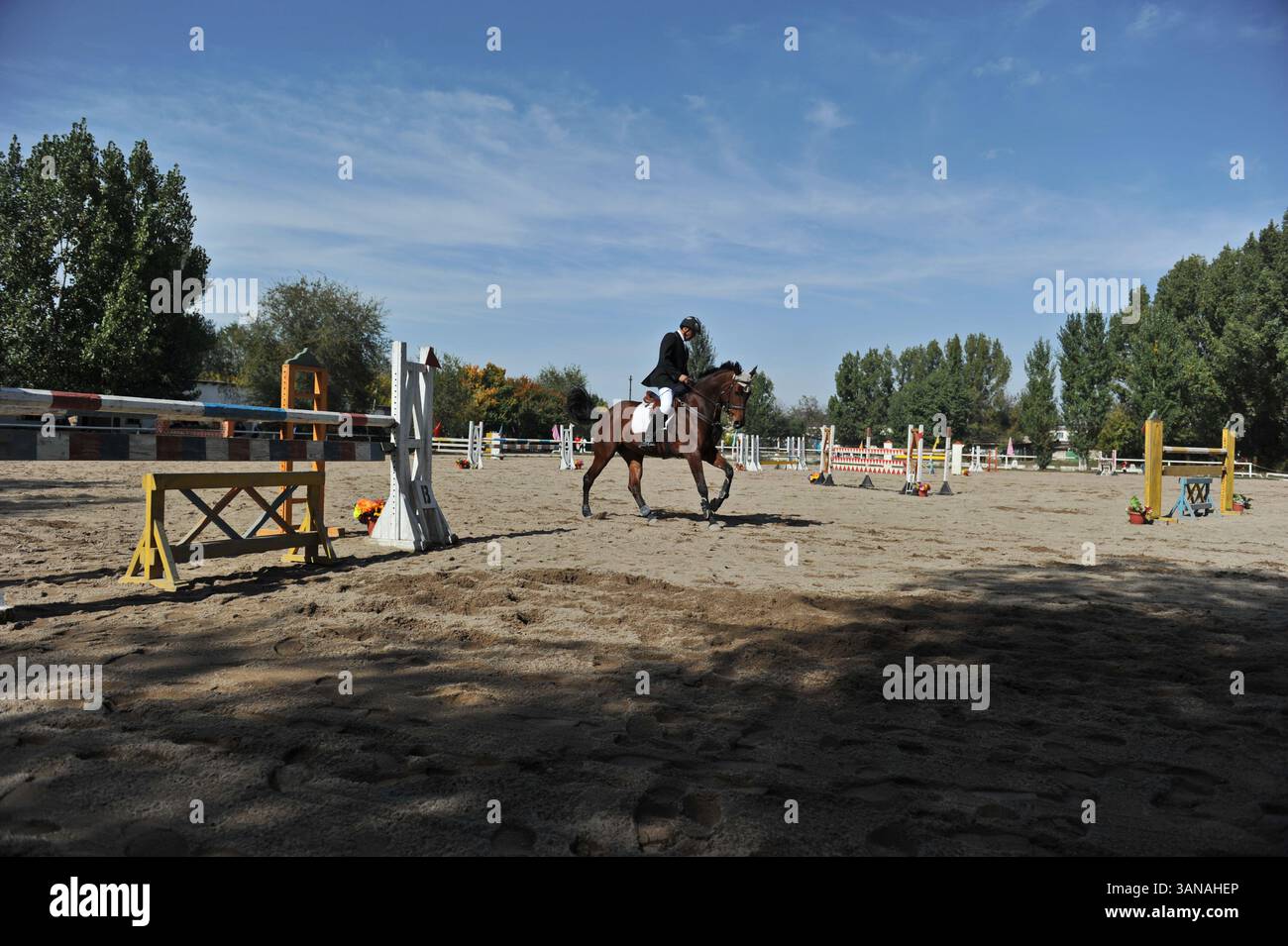 Jumping competition. Athletes and their horses train on a platform with ...