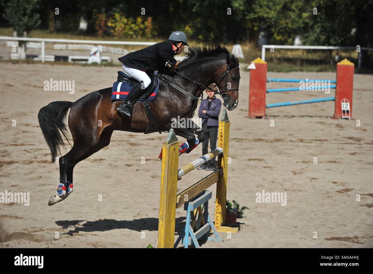 Jumping competition. Athletes and their horses train on a platform with ...