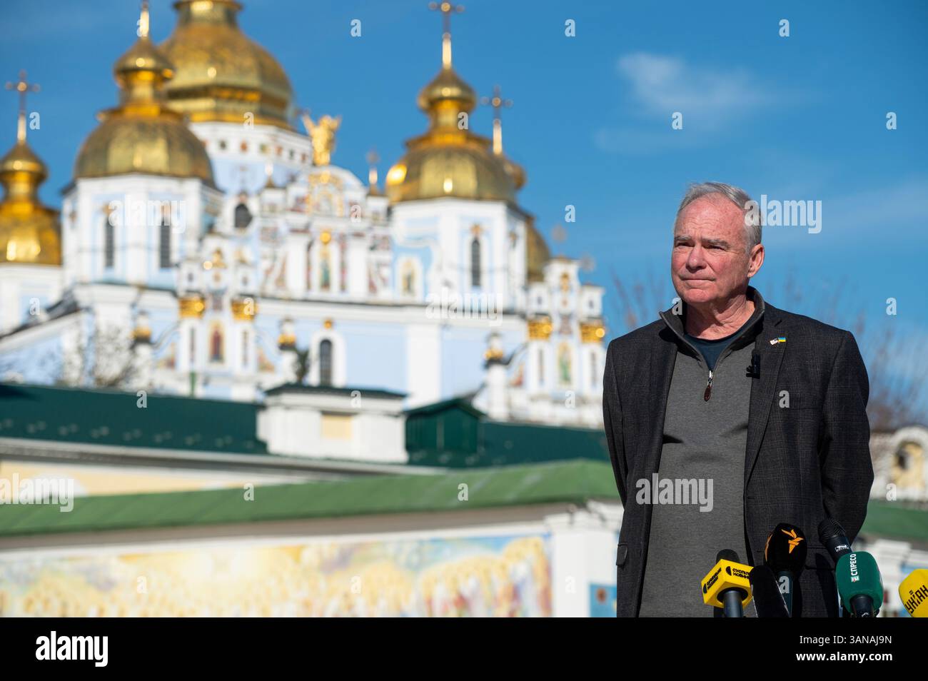 US Senator Tim Kaine holds a news conference in Mykhailivska Square in ...