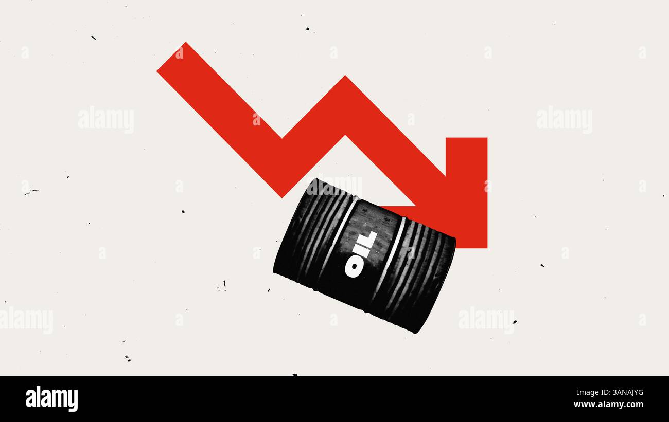 Oil barrel collapsing under red arrow visualizes dramatic market crash ...