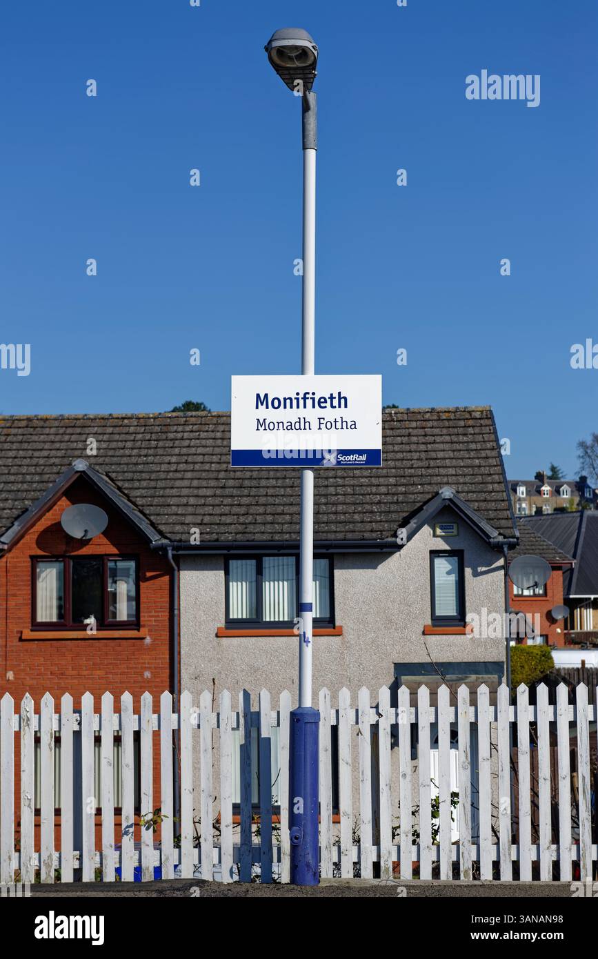 The railway Station Platform sign at Monifieth with the name written in ...