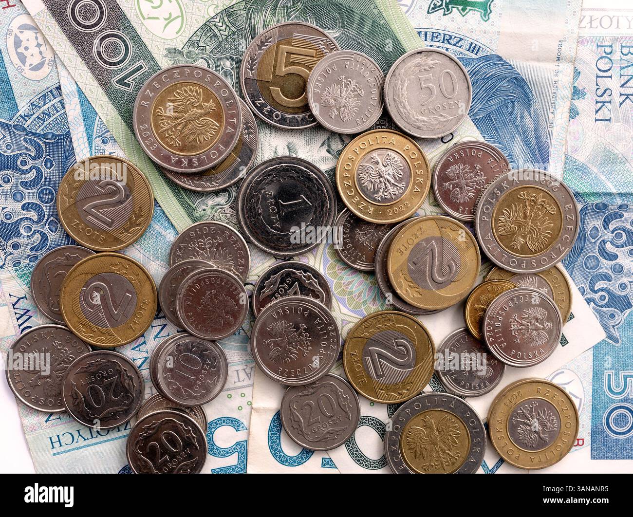 Polish money and currency, coins, banknotes, zloty, pln, top view, flat ...