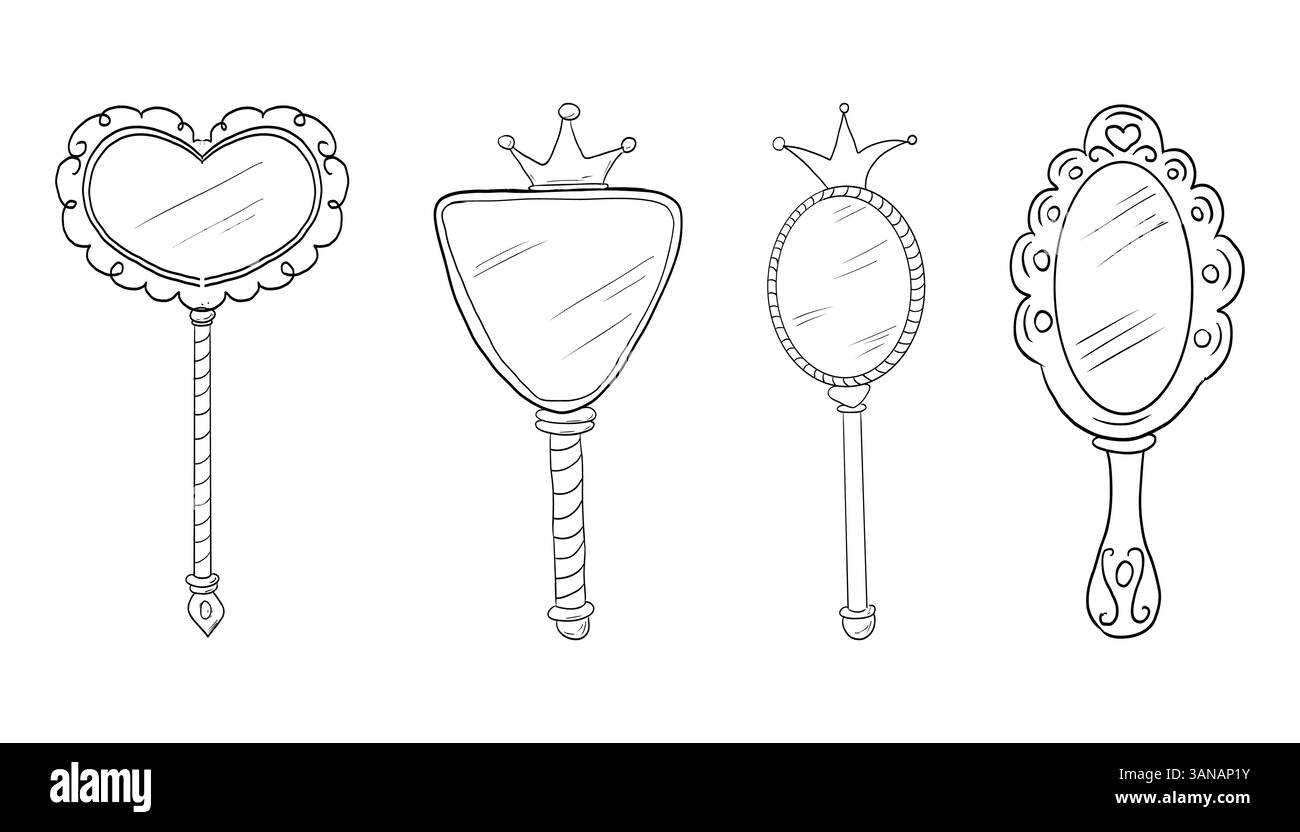 Princess mirror with crown whimsical hand drawn sketch set border ...