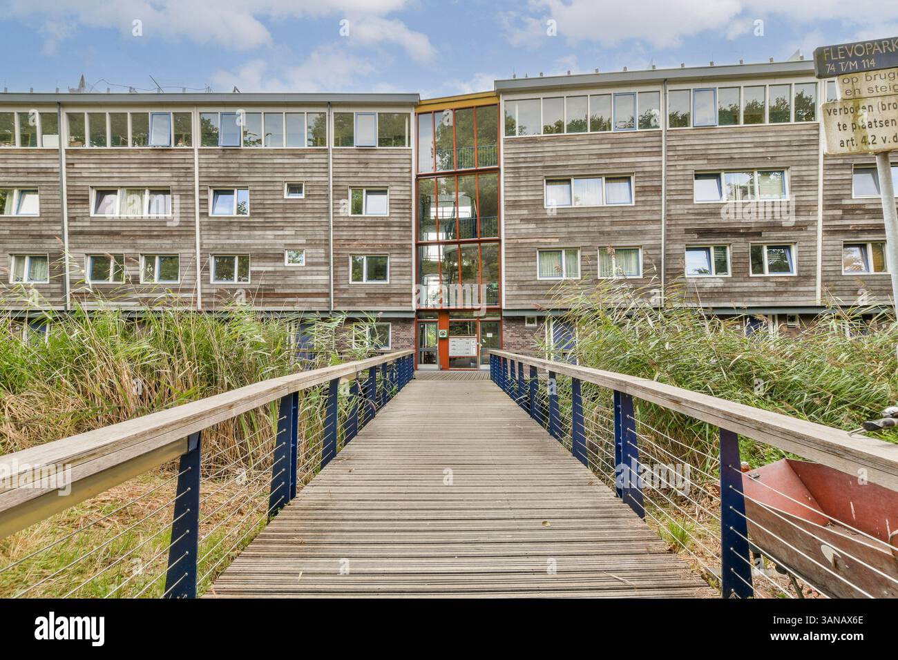 A contemporary wooden structure surrounded by greenery, featuring ...