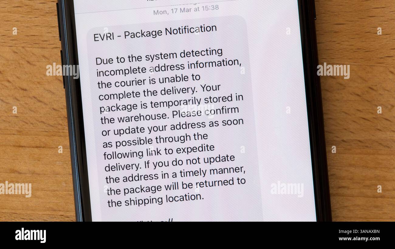 A scam message displayed on an iphone that pretends to be from EVRI ...