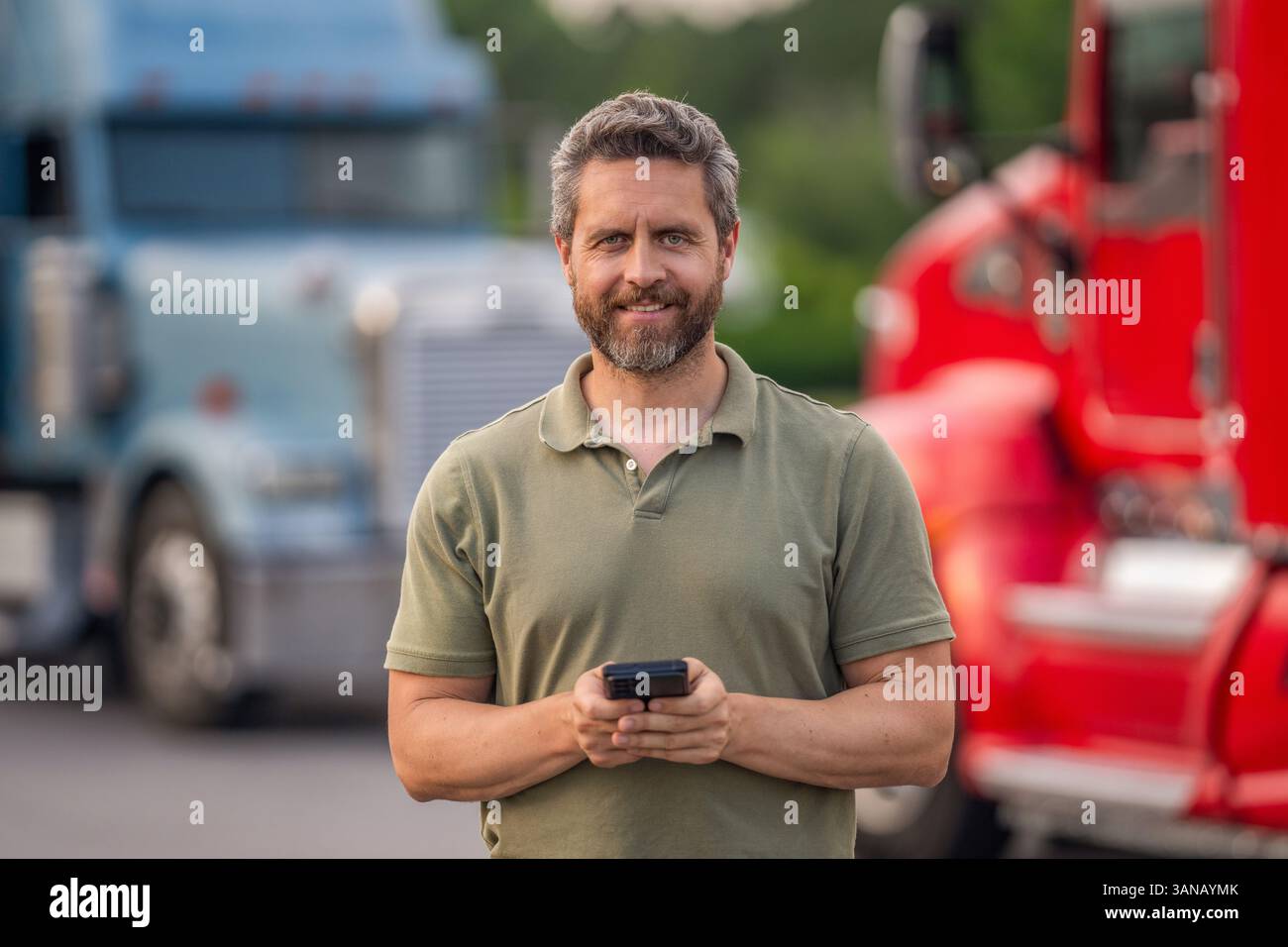 Trucking owner planning route. Tech logistics. Hispanic man control ...