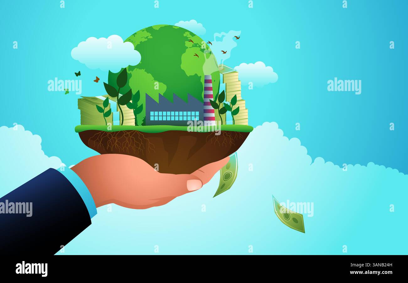 Businessmans hand holding floating land with Earth, factory, plants ...