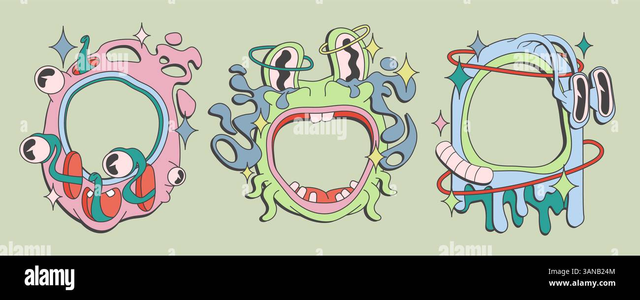 Psychedelic frame elements set - colorful warped shapes with eyes ...