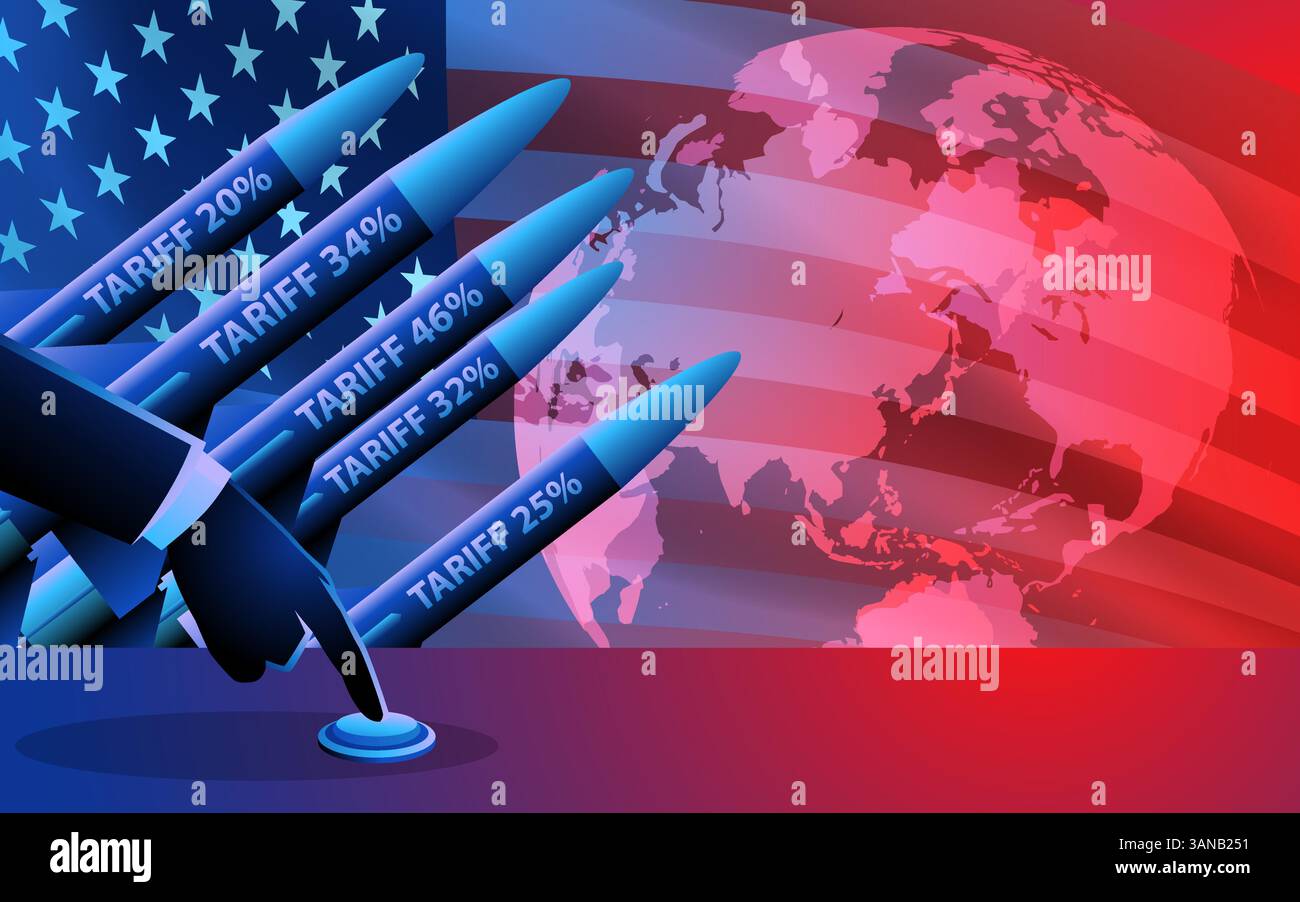 Political hand pressing a button to launch tariff missiles labeled with ...