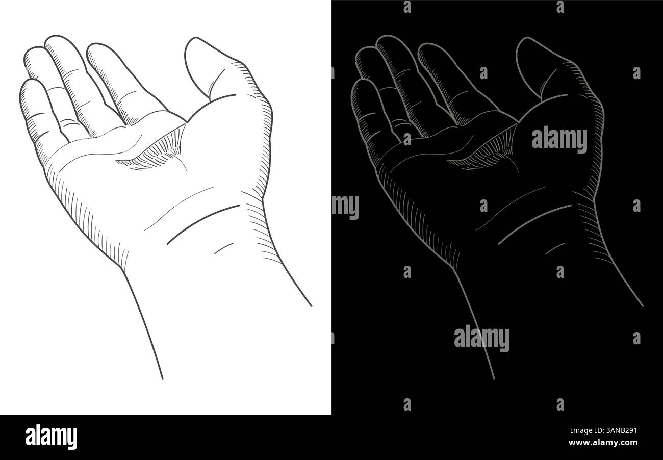Hand-drawn sketch of an open human hand in two versions, black on a ...
