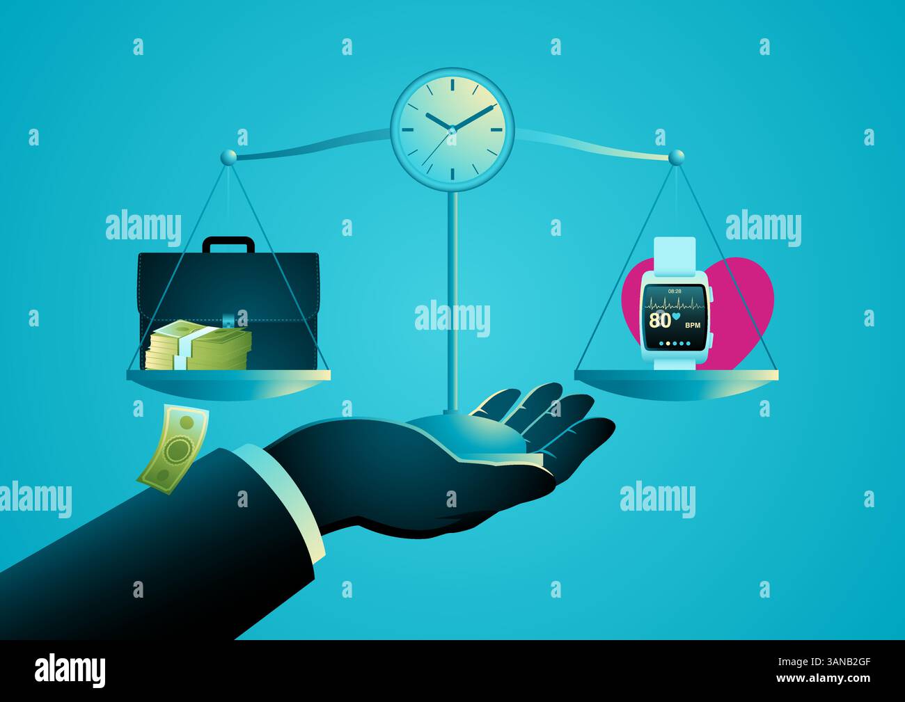 Work-life balance concept. A hand holds a scale weighing money and work ...