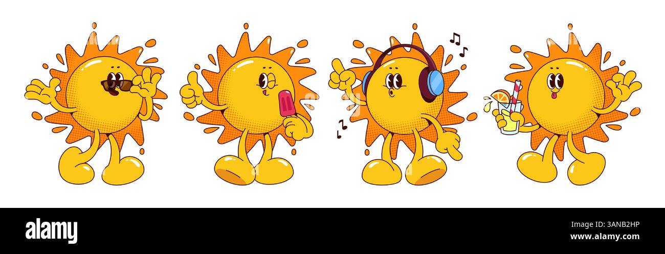 Retro sun mascots set isolated on white background. Vector cartoon ...