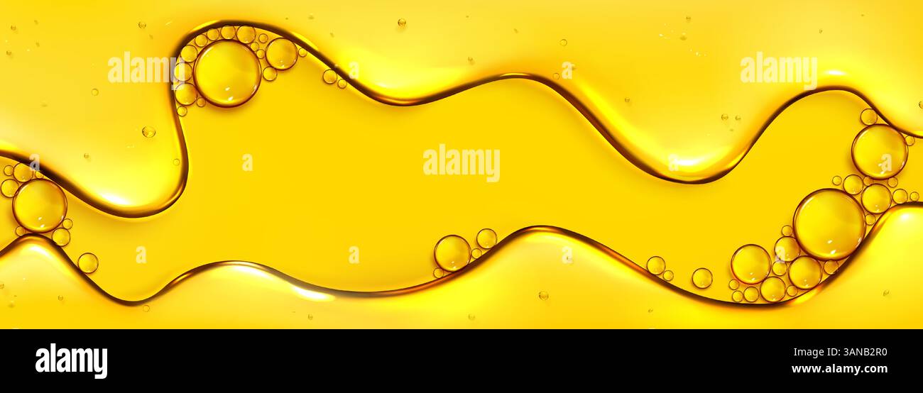 Flowing glossy yellow oil liquid texture with bubbles and wavy shapes ...
