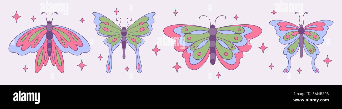 Groovy retro butterfly illustrations set - psychedelic winged insects ...