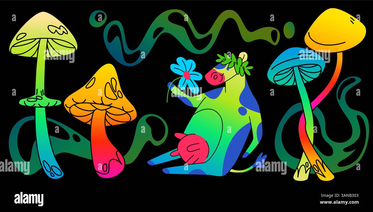 Psychedelic mushrooms and cow isolated on black background. Vector ...