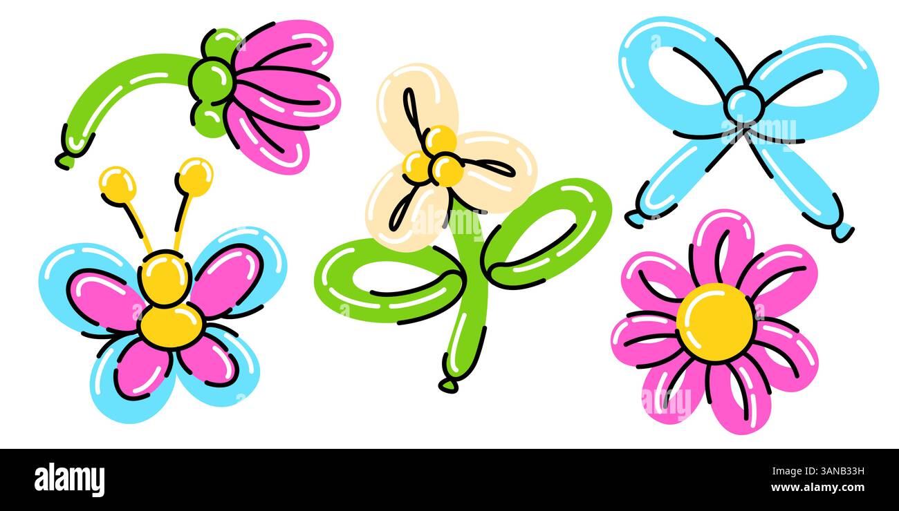 Air balloon butterfly and flowers set isolated on white background ...