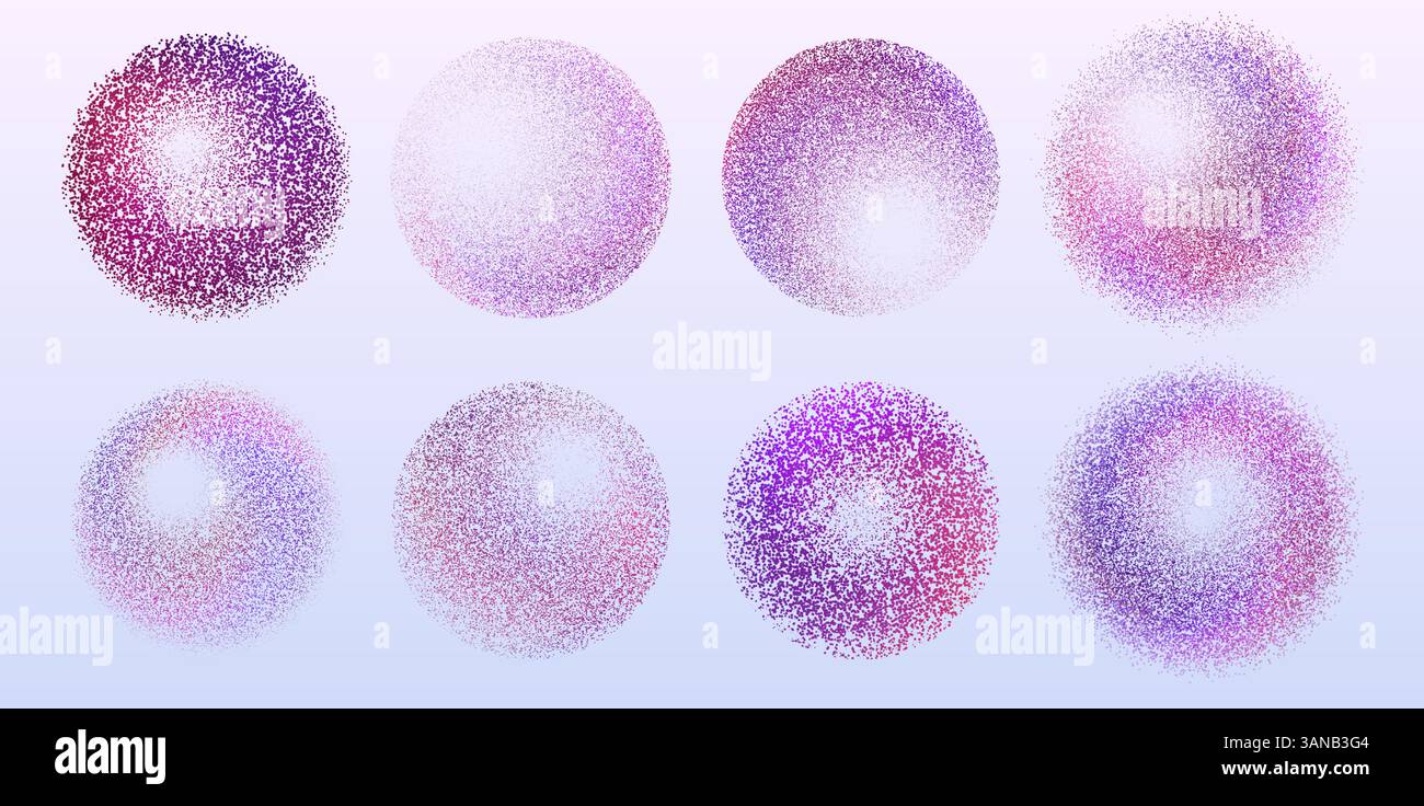 Colorful dotted spheres set - pink and purple particles arranged in ...