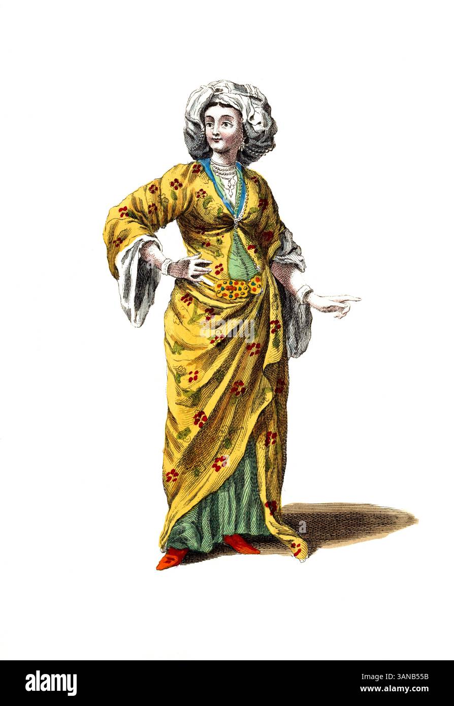 Historical clothing, fashion history, morning dress of a noble lady ...