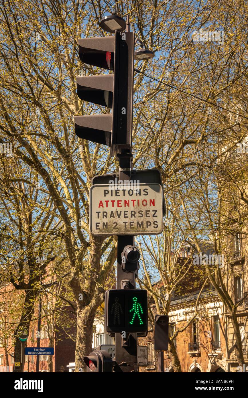 France, Paris, Buttes Chaumont, Rue Botzaris, pedestrian crossing ...