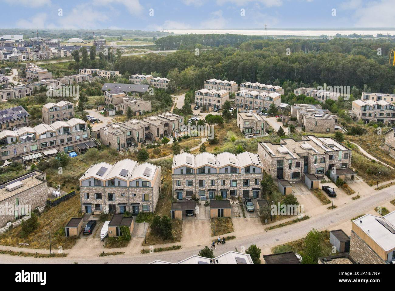 Aerial perspective showcasing a modern residential community with ...