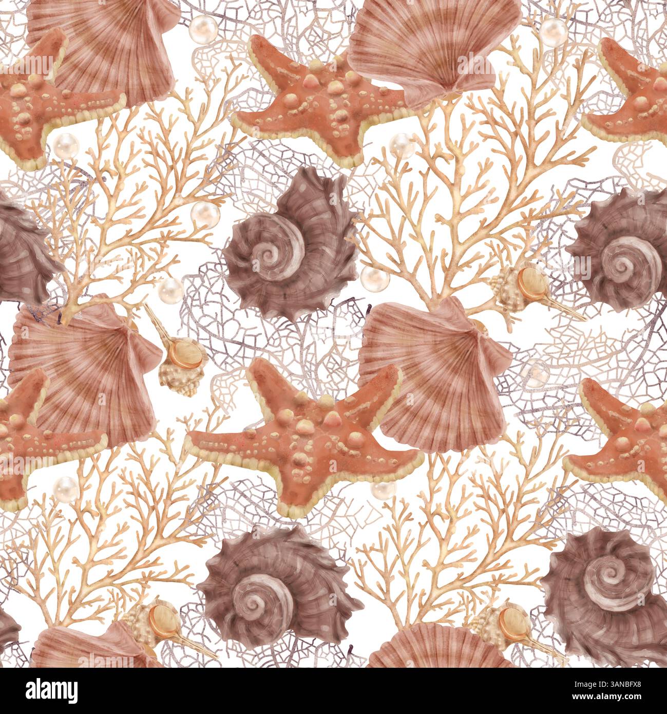 Corals, wavy algae and scallop. Seamless pattern. Watercolor ...